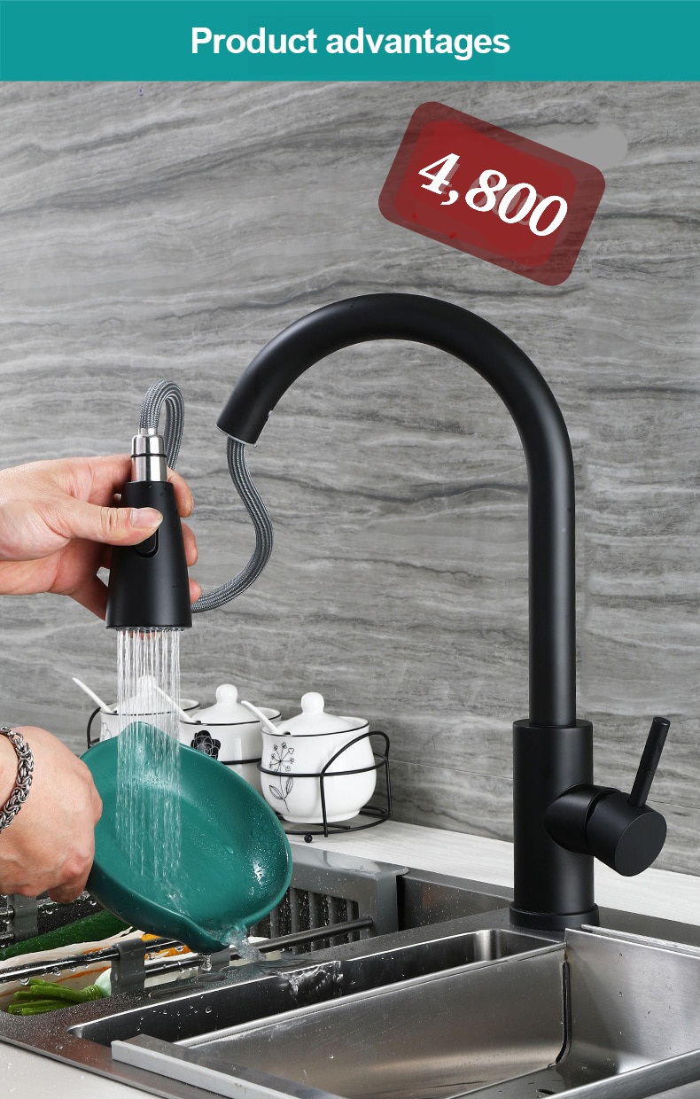 KS6026-Black Pull Down Mixer Kitchen Tap - Touch Interiors